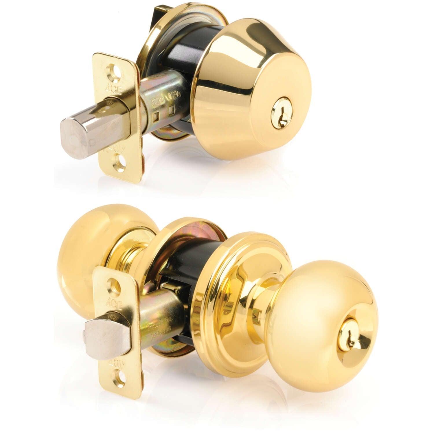 Ace Colonial Polished Brass Knob and Deadbolt Set ANSI Grade 2 1-3/4 i ...