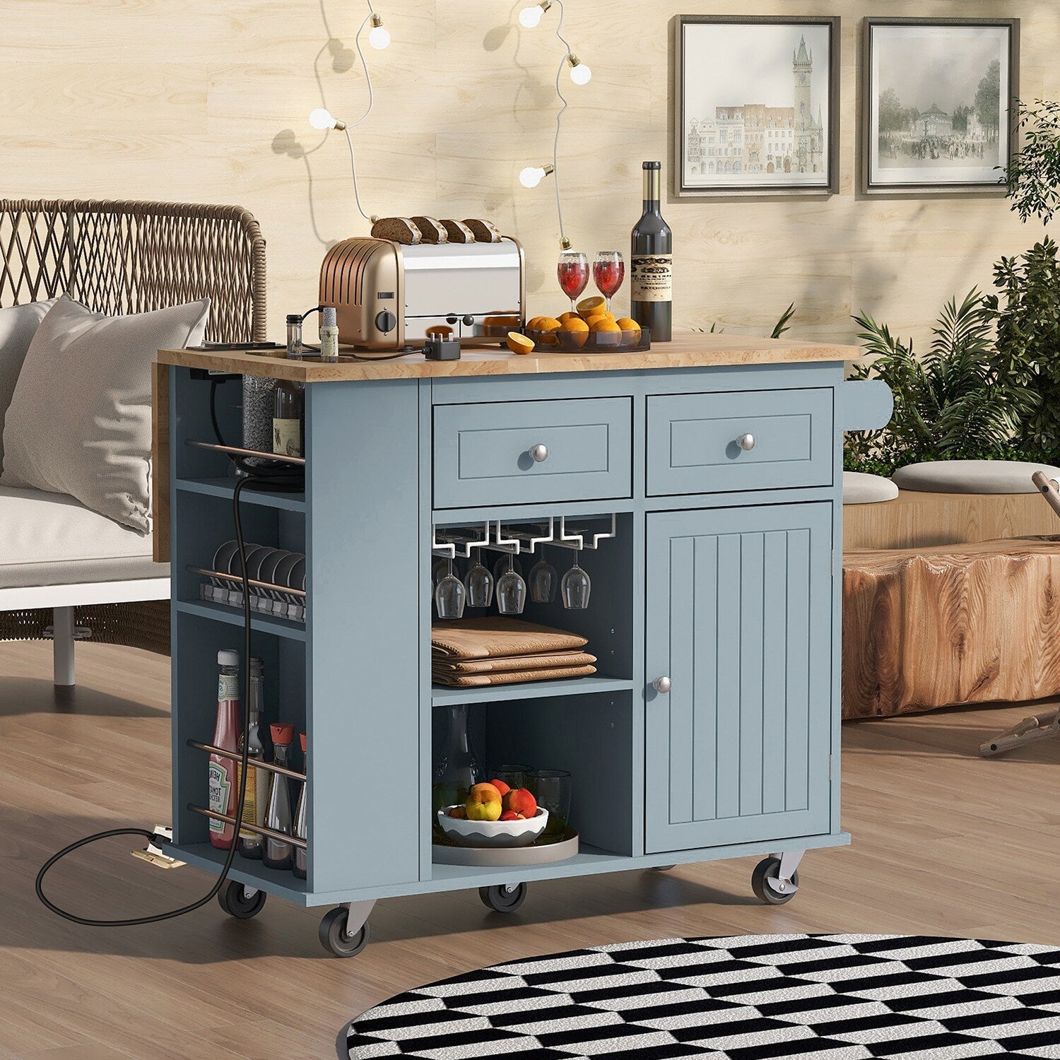 SINOFURN Blue Mdf Base with Wood Top Rolling Kitchen Cart (29.3-in x 3 ...