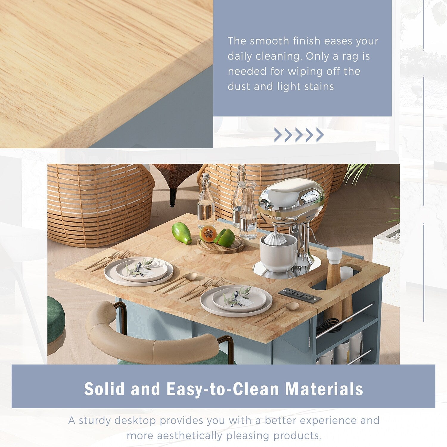 SINOFURN Blue Mdf Base with Wood Top Rolling Kitchen Cart (29.3-in x 3 ...