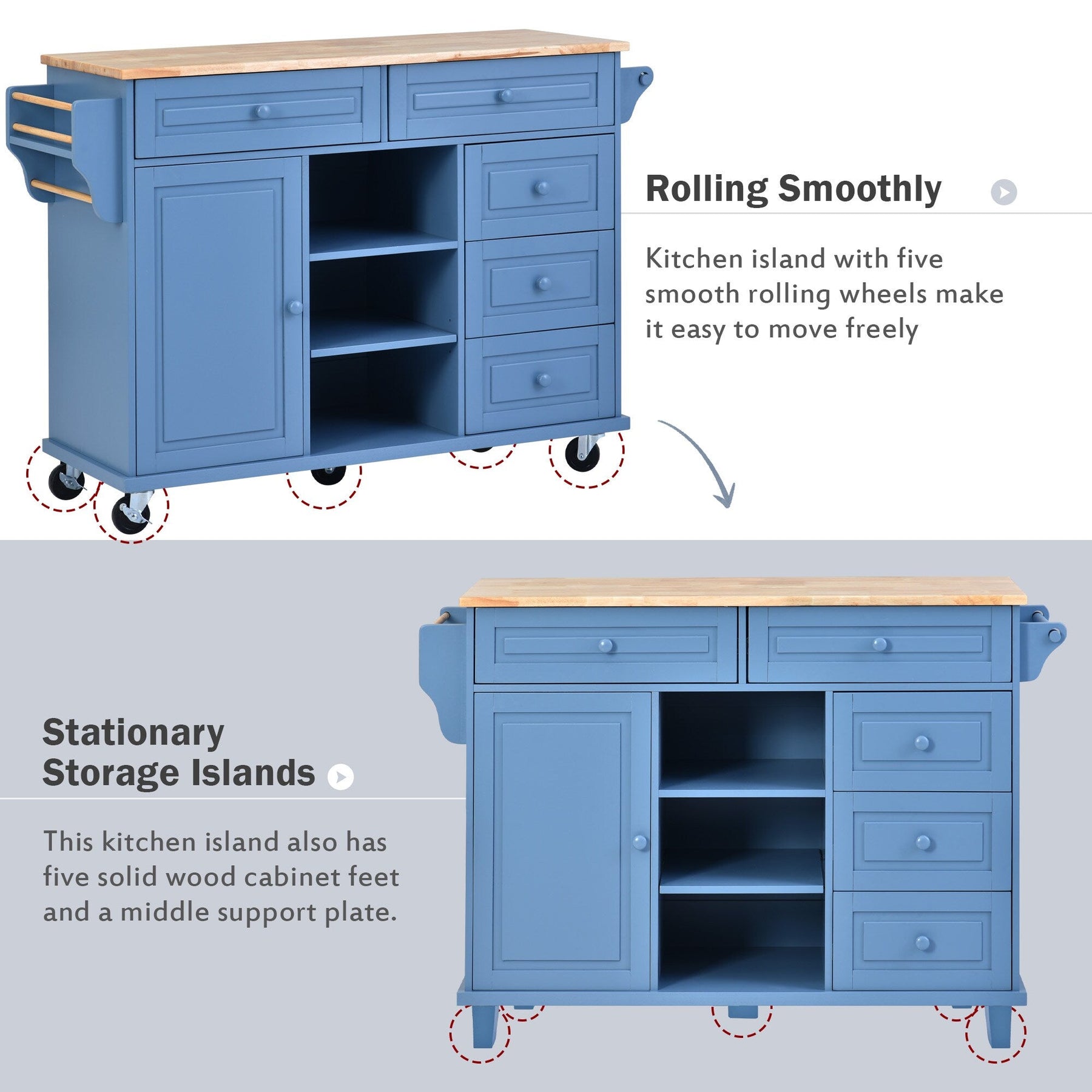 Runesay Blue Mdf Base with Mdf Wood Top Rolling Kitchen Island (18.1-i ...
