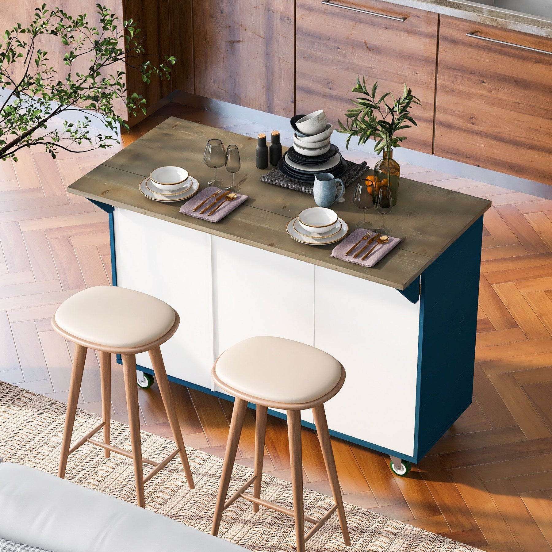 Runesay Blue Mdf Base with Mdf Wood Top Rolling Kitchen Island (25.7-i ...