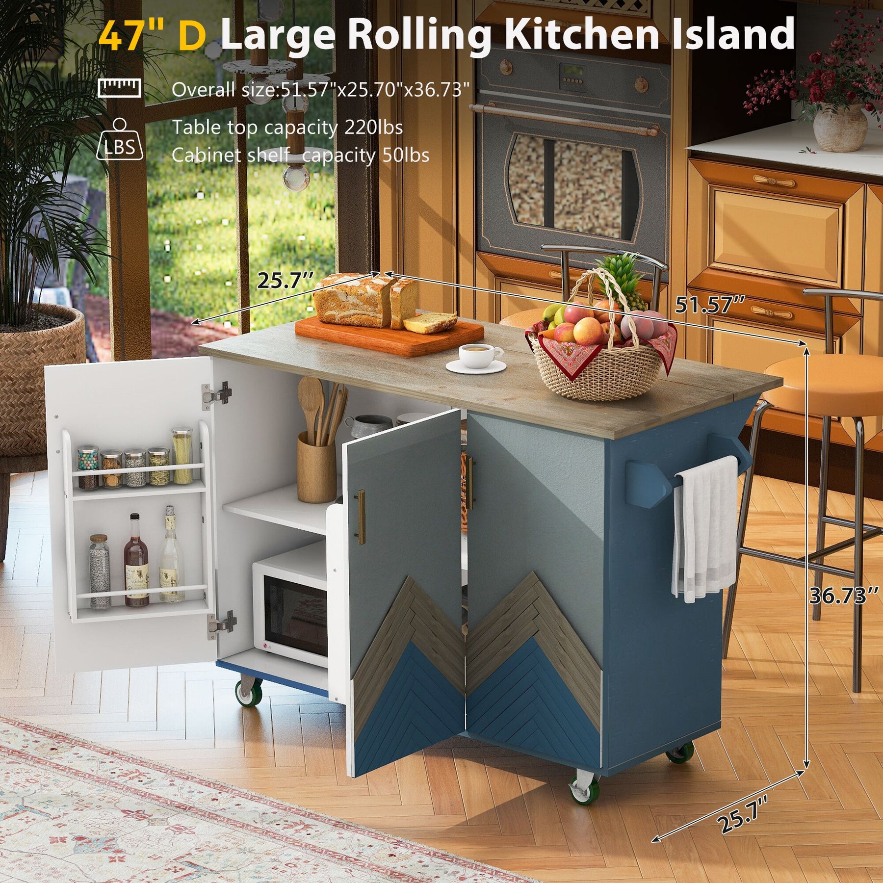 Runesay Blue Mdf Base with Mdf Wood Top Rolling Kitchen Island (25.7-i ...