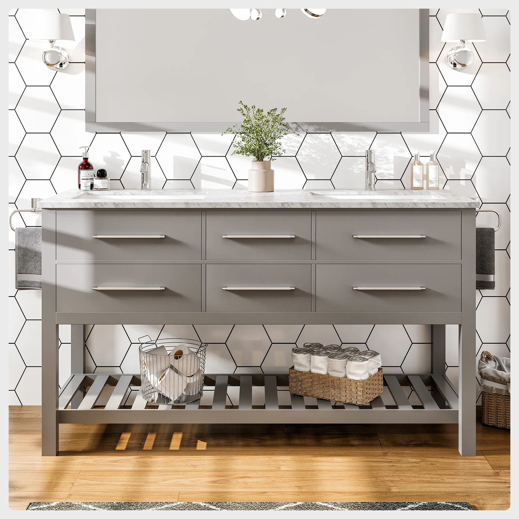 Eviva Natalie 60"W x 22"D Gray Double Sink Bathroom Vanity with White ...