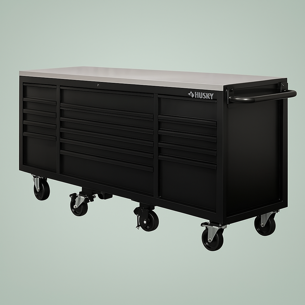 Husky 96 in. W x 24 in. D 16-Drawer Heavy-Duty Mobile Workbench with S ...