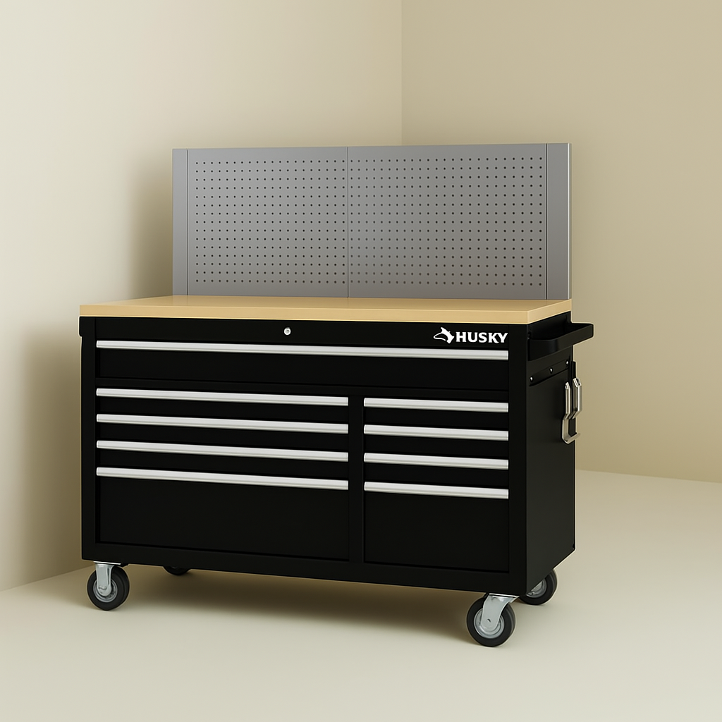 Husky 52" Mobile Workbench with Pegboard and Solid Wood Top – PROARB