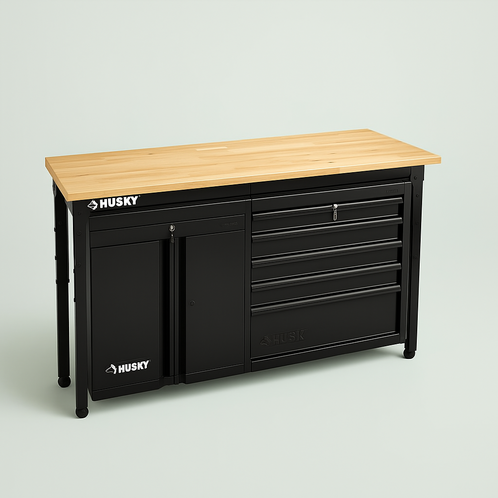 Husky 76 in. Adjustable Height Black Workbench with Solid Wood Top and ...