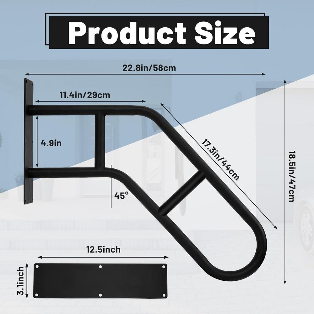 Angel Sar 1.9 ft. Matte Black Metal 1-Step to 3-Step Handrail Outdoor ...