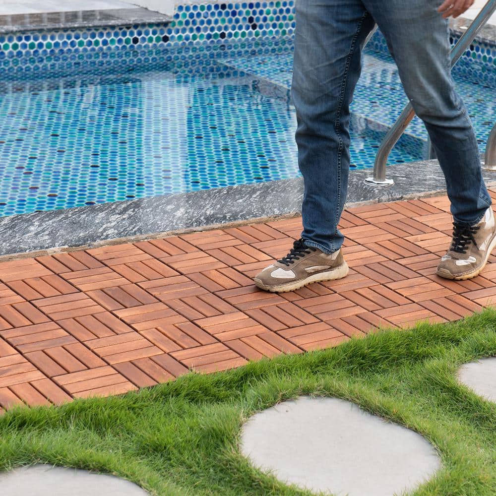 12 in. x 12 in. Outdoor Checker Pattern Square Wood Interlocking Floor ...