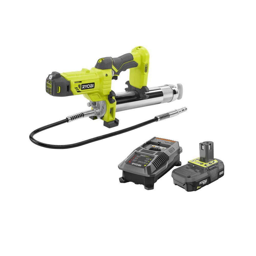 RYOBI 18-Volt ONE+ Grease Gun Kit with (1) 2.0 Ah Lithium-Ion Battery ...