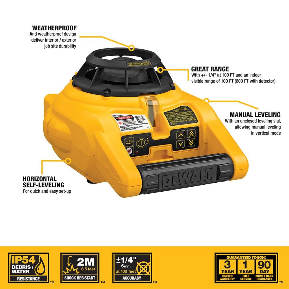 DEWALT 150 ft. Red Self-Leveling Rotary Laser Level with Detector and ...