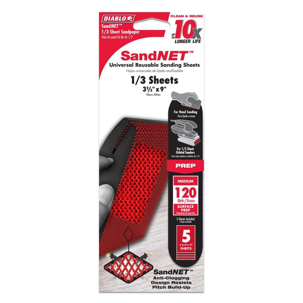 DIABLO 1/3 Sheet SandNET Faster Reusable 120 Grit Hand Sanding Sheets ...