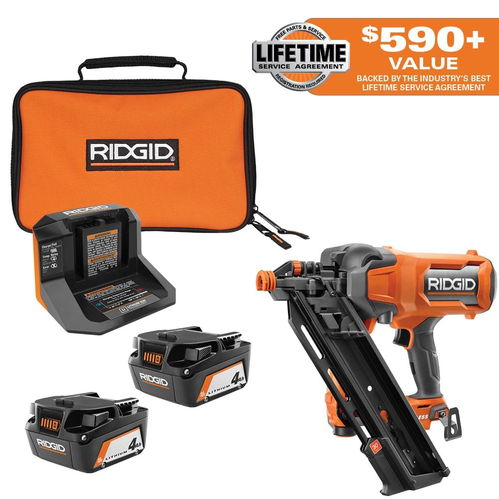 RIDGID 18V (2) 4.0 Ah Batteries and Charger Kit with 18V Brushless Cor ...