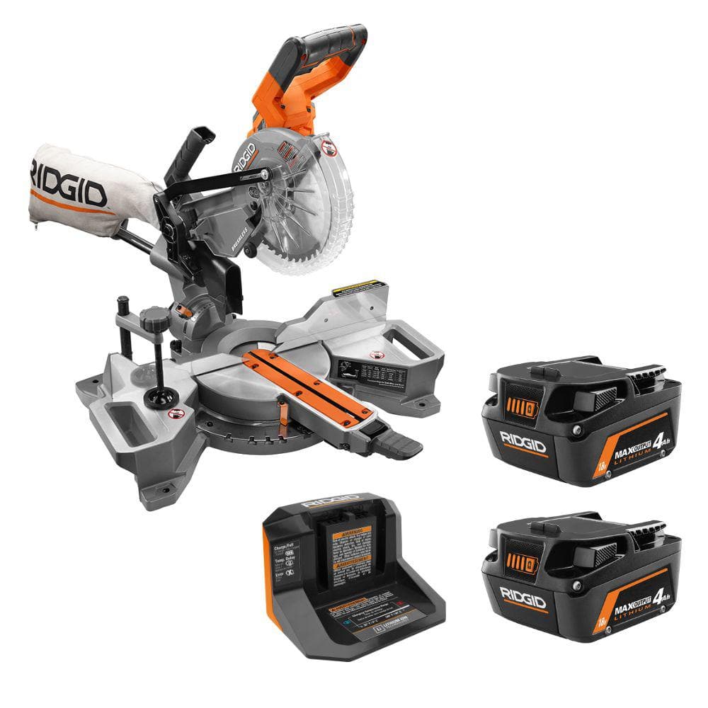RIDGID 18V Miter Saw with Kit with (2) 4.0 Ah MAX Output Batteries and ...