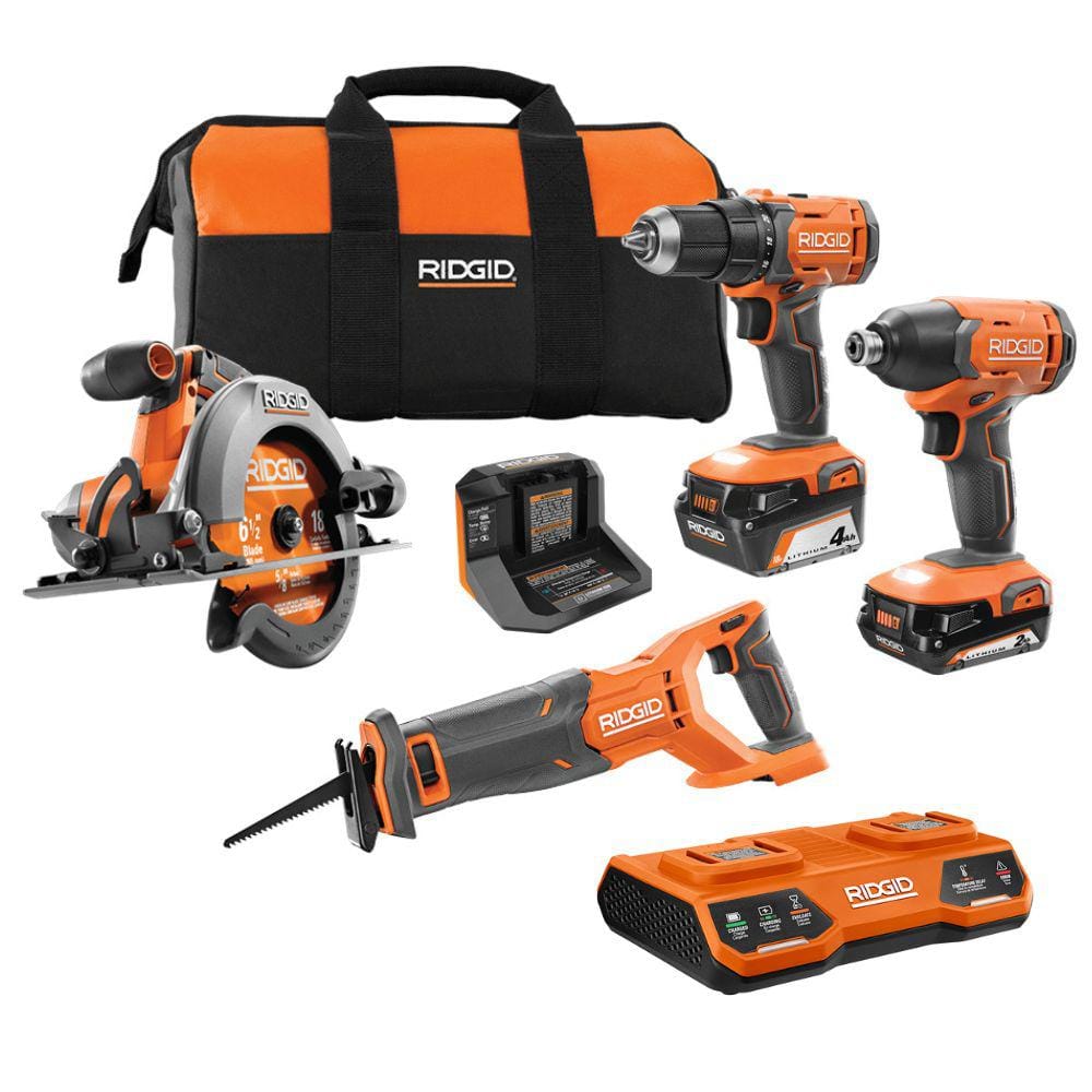 RIDGID 18V Cordless 4-Tool Combo Kit with 4.0 Ah Battery, 2.0 Ah Batte ...