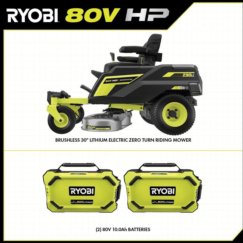RYOBI 80V HP Brushless 30 in. Battery Electric Cordless Zero Turn Mowe ...