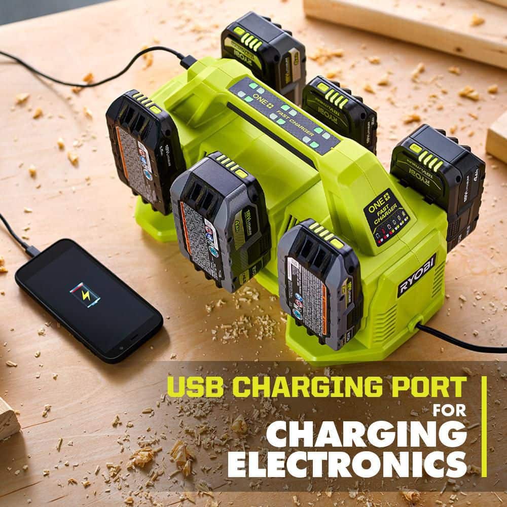 RYOBI ONE+ 18V 6-Port Fast Charger with 6.0 Ah HIGH PERFORMANCE Batter ...