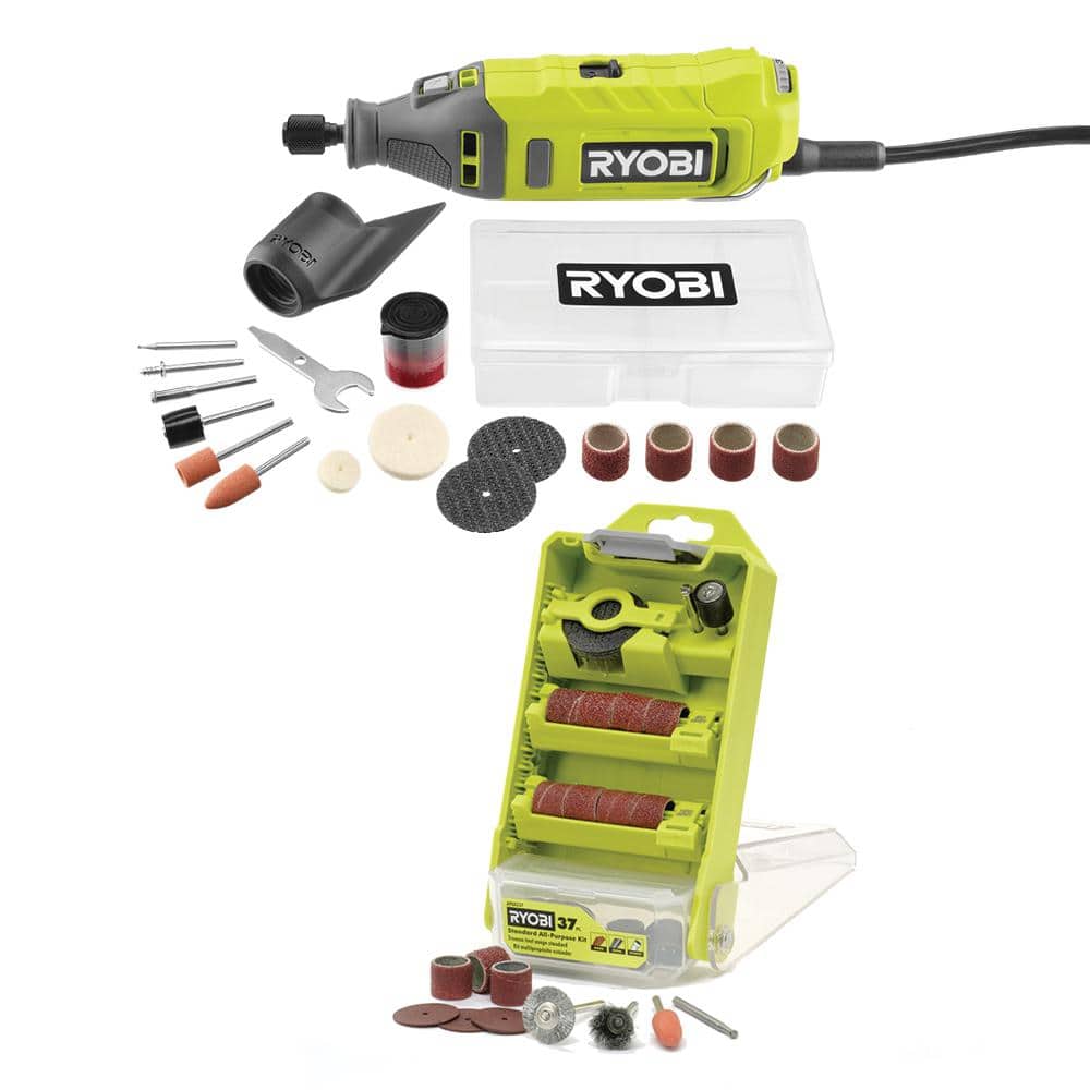 RYOBI 1.2 Amp Corded Rotary Tool with Rotary Tool 37-Piece All-Purpose ...