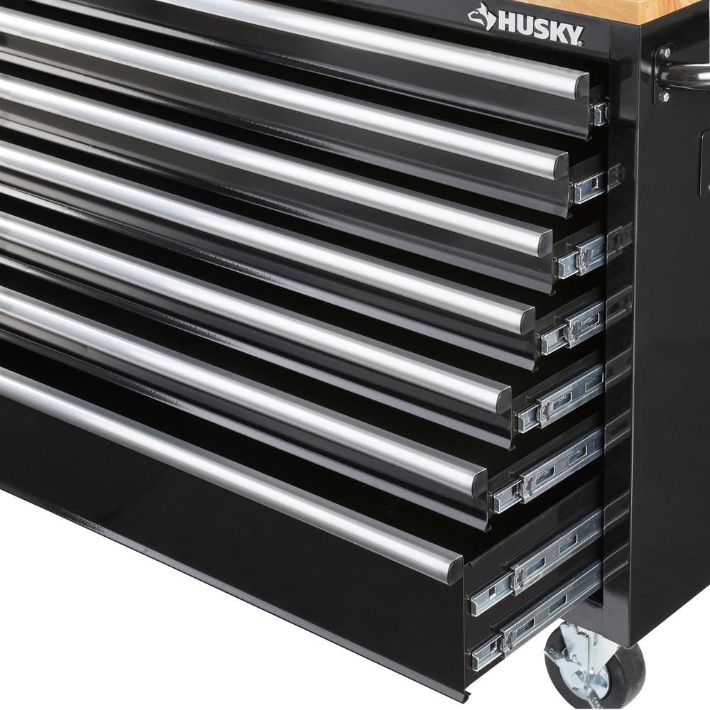 62 in. W 14-Drawer, Deep Tool Chest Mobile Workbench in Gloss Black wi ...